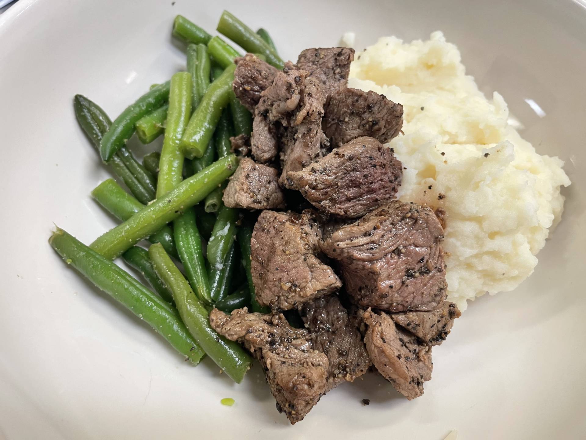 Peppered Beef Tips with Mashed Potatoes and Roast Zucchini and Squash ...